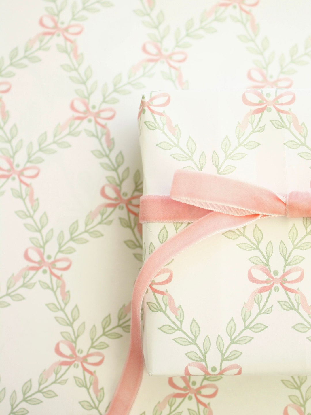 Pastel Pink Bows & Greenery Trellis Wrapping Paper, Floral Girly Preppy ...