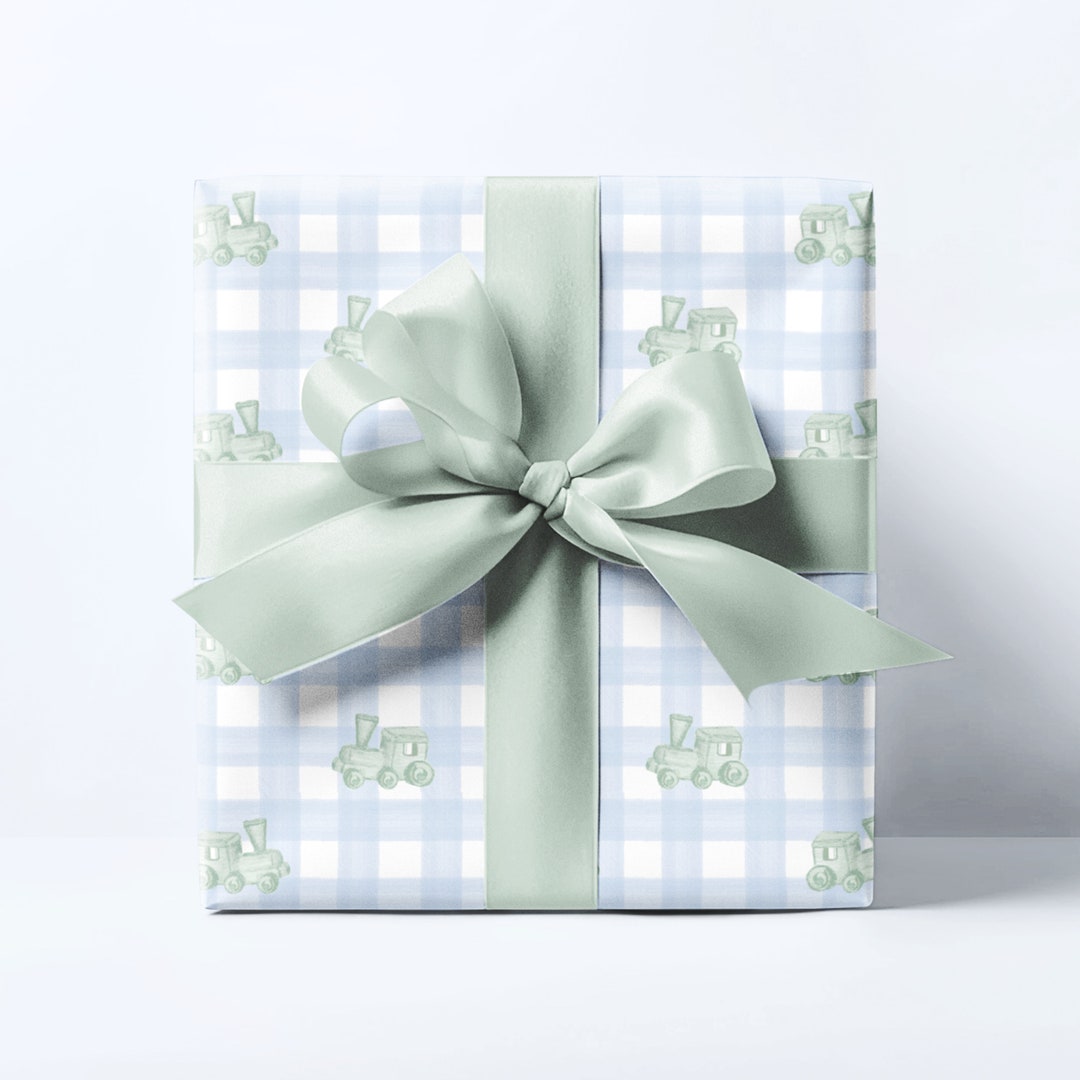Blue Gingham Green Trains Wrapping Paper Baby Shower, Birthday Gift ...