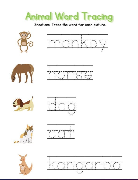 5 Printable Trace the Word Worksheets for Kindergarten - Etsy Australia