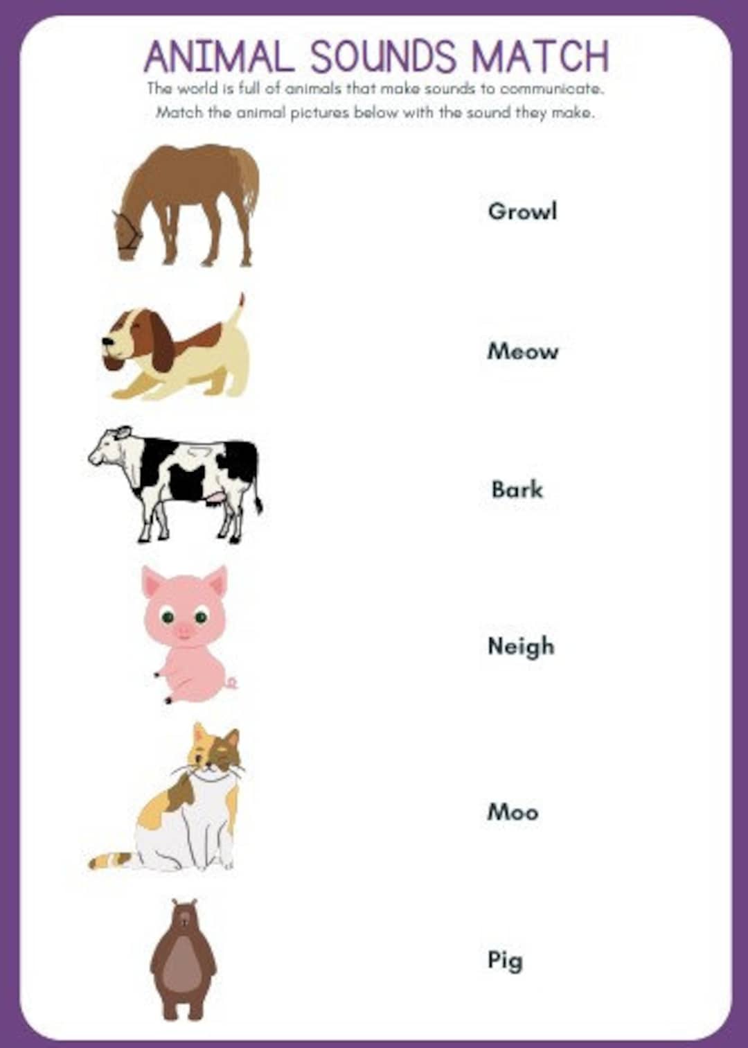 1 Printable Match The Animal Sound Worksheet For Pre Etsy