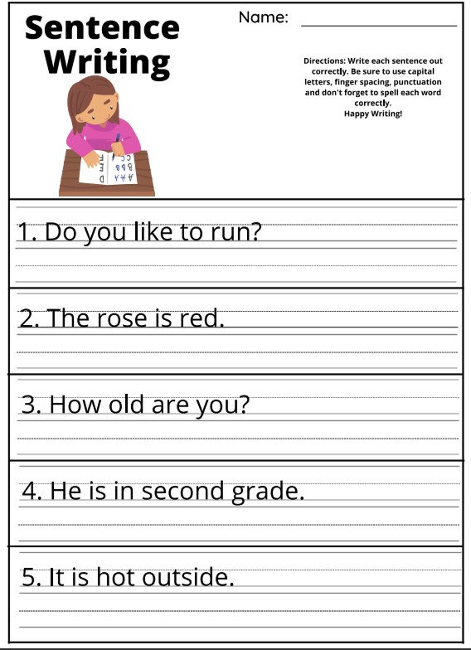 10 Printable Write the Sentence Worksheets for Kindergarden-4th Grade ...