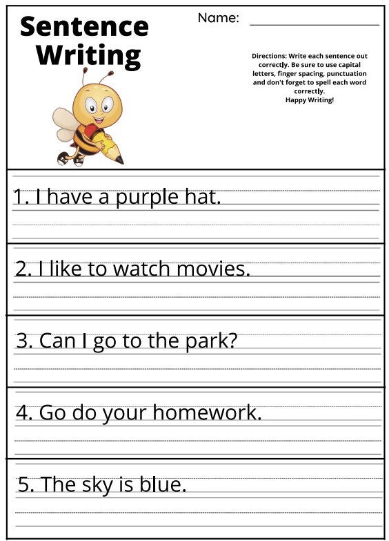 10 Printable Write the Sentence Worksheets for - Etsy