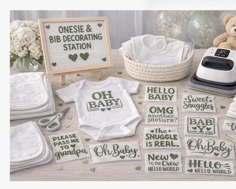 Glitter Onesie Decorating Station Iron-on Decal Sets: Baby Shower Bib ...