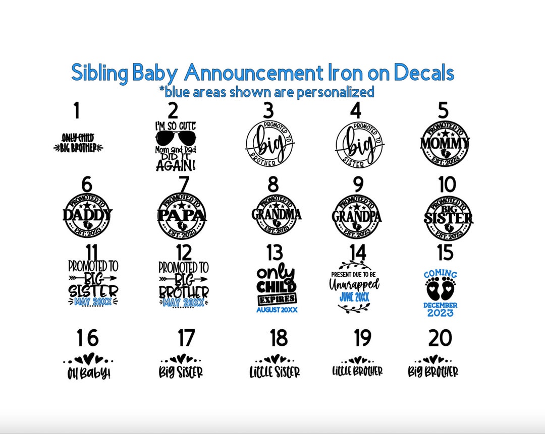 Sibling Baby Announcement Iron on Decals: Big Sister/brother Heat ...