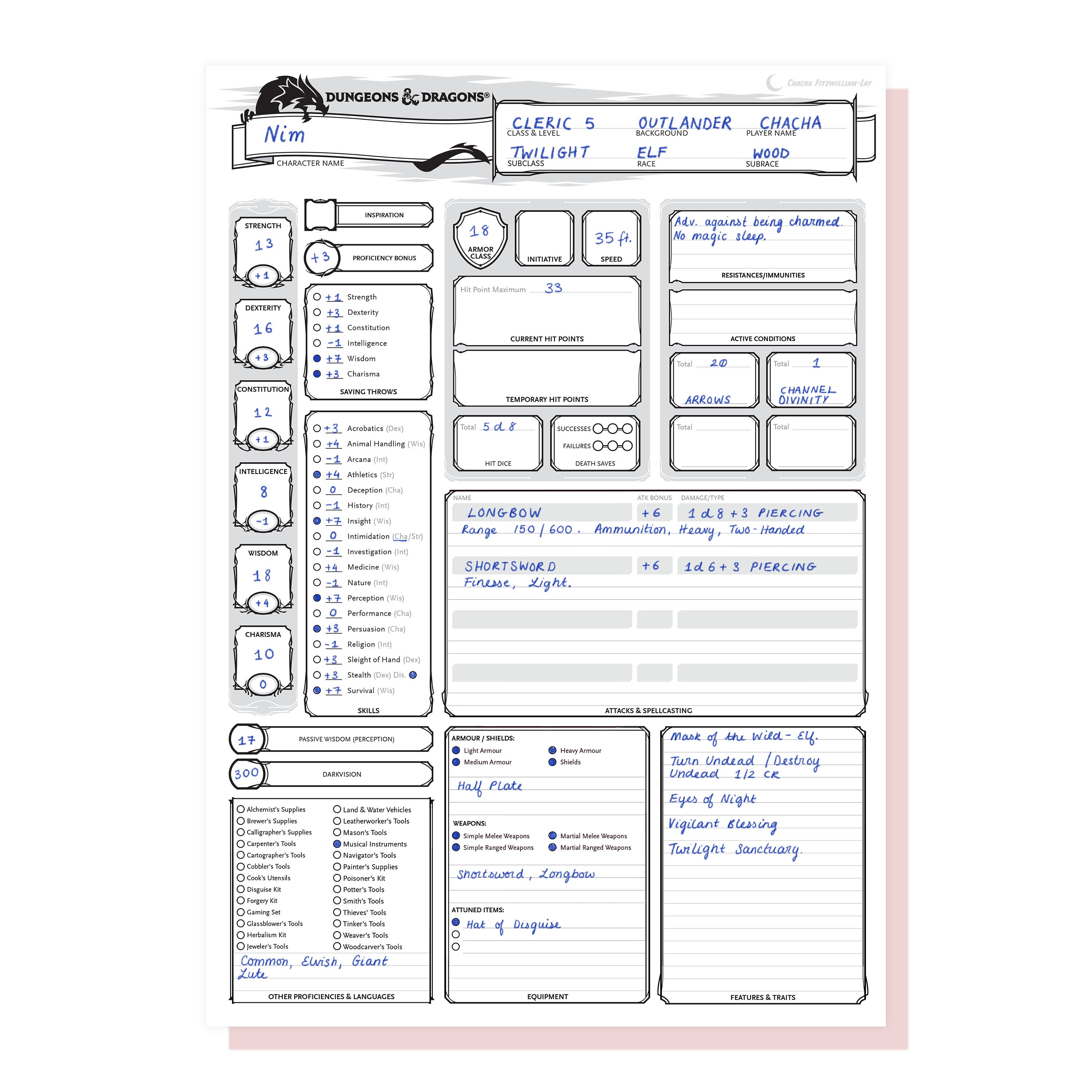 Custom Character Sheet Dandd 5e Etsy 