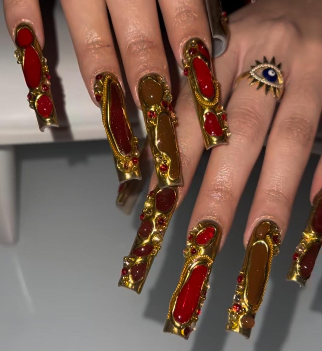 Luxury Custom Nails/free Style/ Long Nails/ Chrome Nails/ Red Nails ...