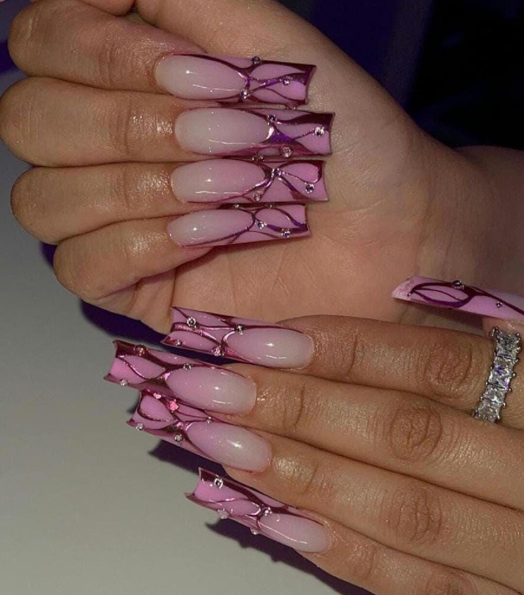 Luxury Custom Nails/ Free Style/ Long Nails/pink Chrome Nails/ /ombre ...