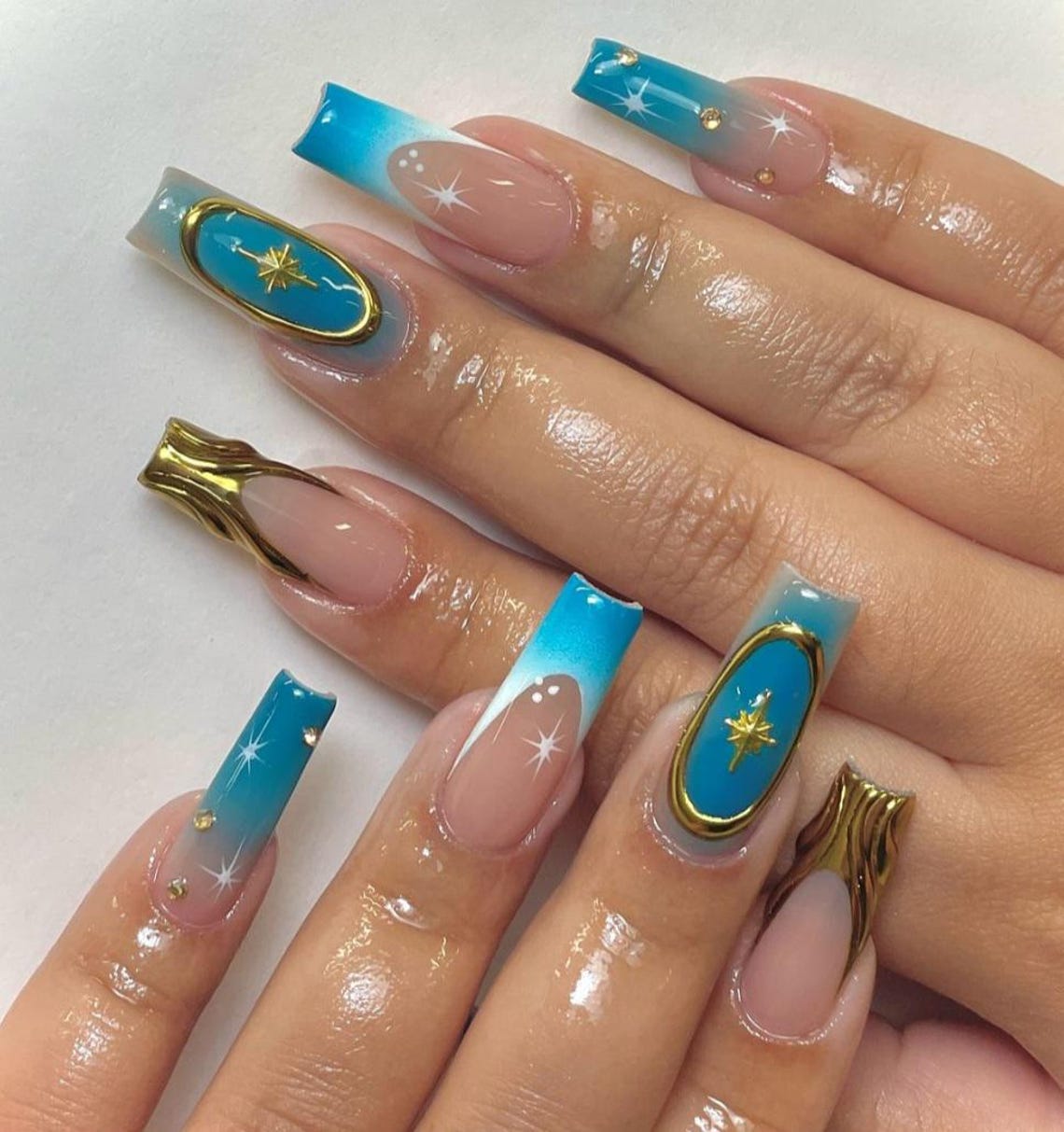 Luxury Blue & Gold Press-on Nails: Custom 3D Nail Art - Etsy