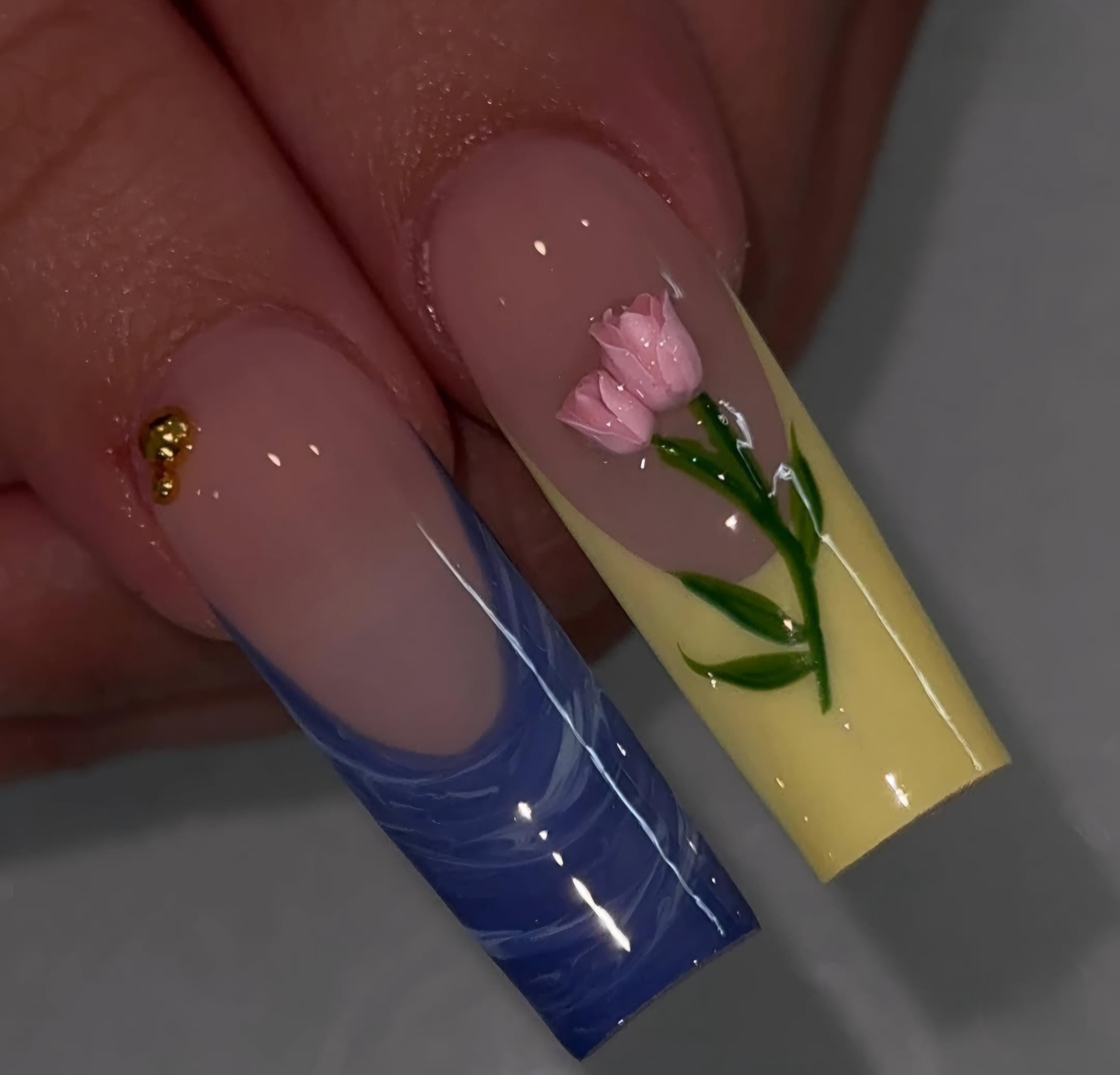 Luxury 3D Gel Press-on Nails: French Tip Rainbow, Flower Design - Etsy