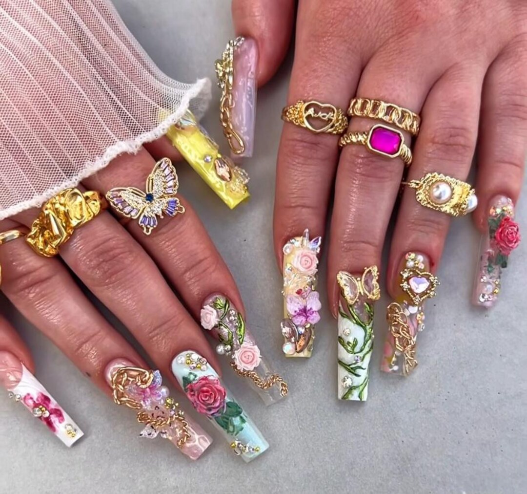 Luxury Custom Nails/ Free Style/ Long Nails/ Garden Fairy Nails/ 3D Gel ...