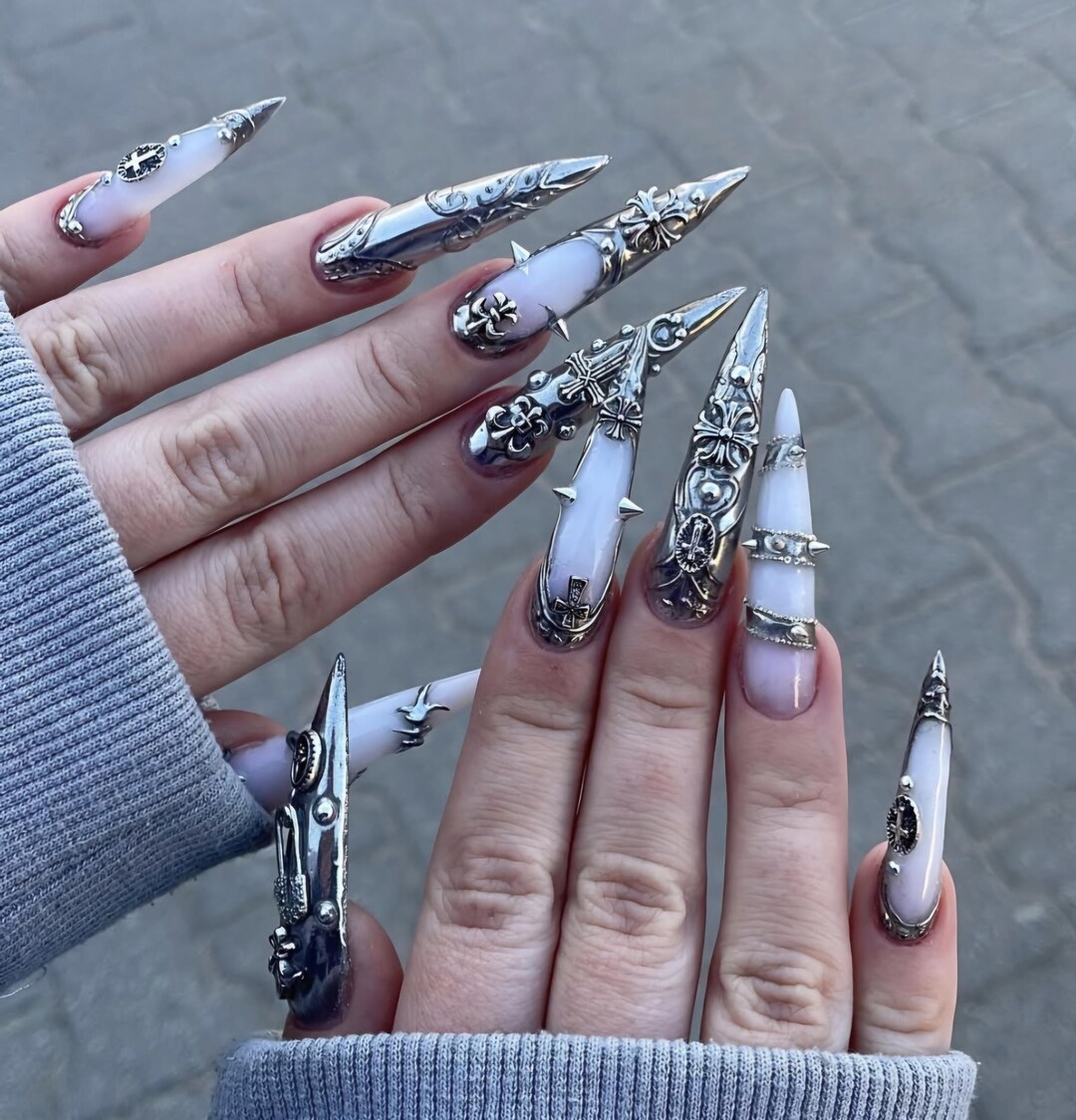 Luxury Gothic Chrome Press on Nails: Silver Metallic Charms - Etsy