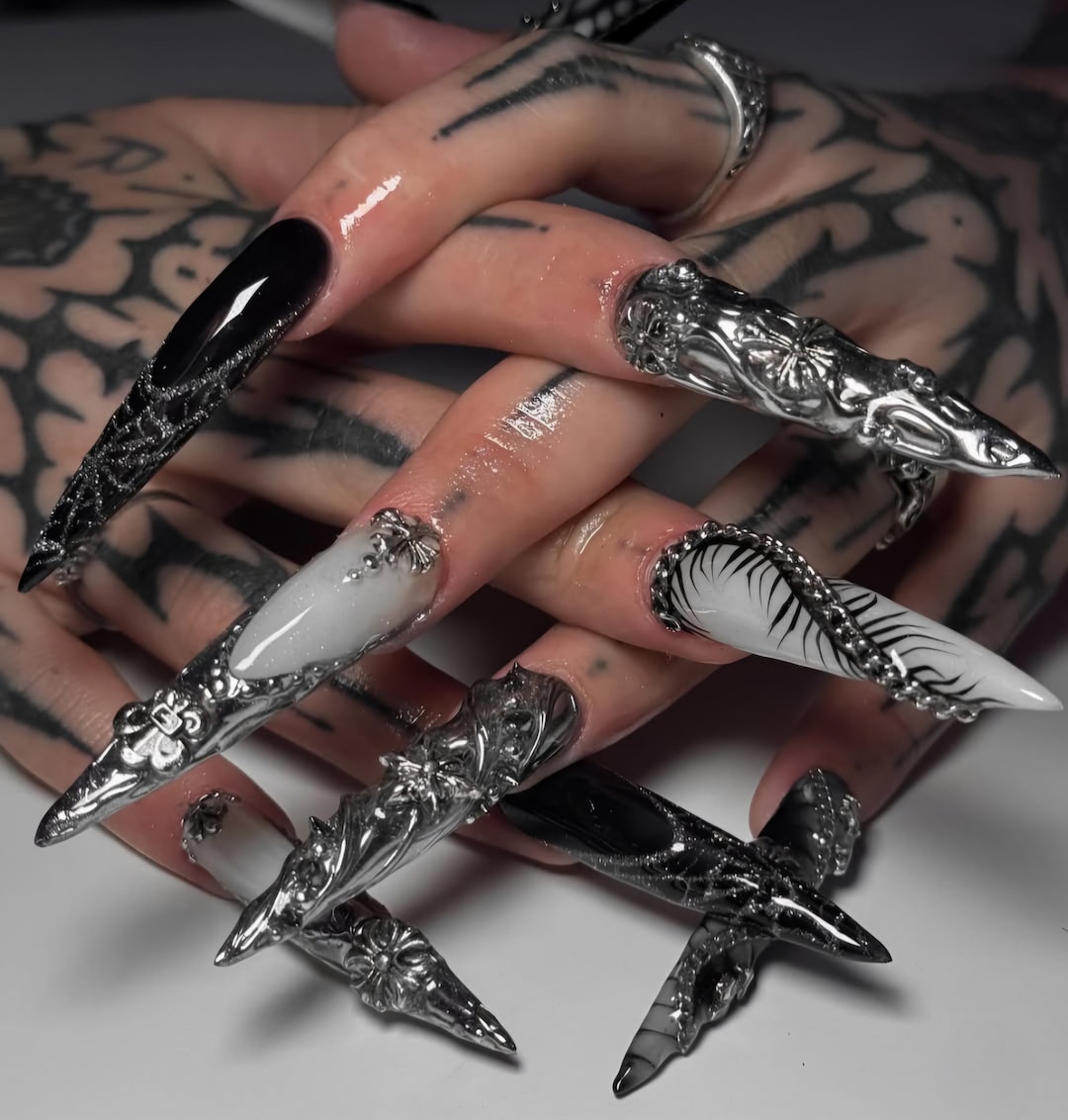 Luxury Gothic Emo Press on Nails: Black, White & Silver Metallic - Etsy
