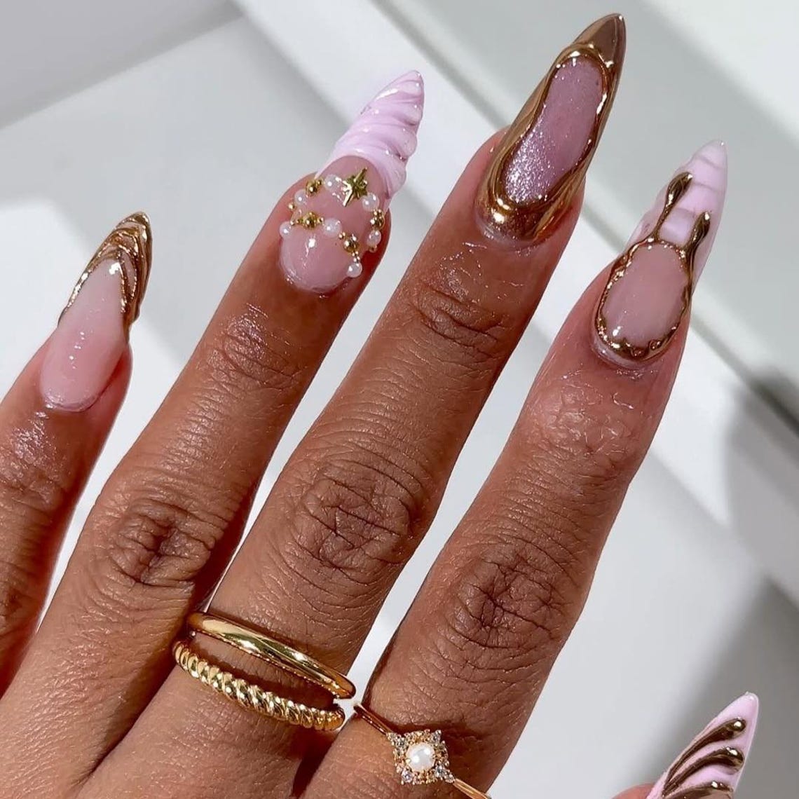 Luxury 3D Flower Press on Nails: Chrome Gold Accent, Square Tip - Etsy