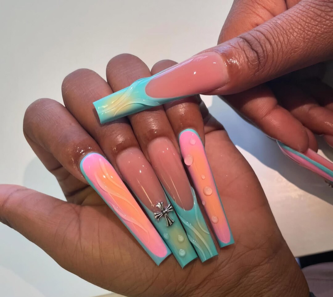 Luxury XXL Press on Nails: Pink Aura, Air Brush, Square - Etsy