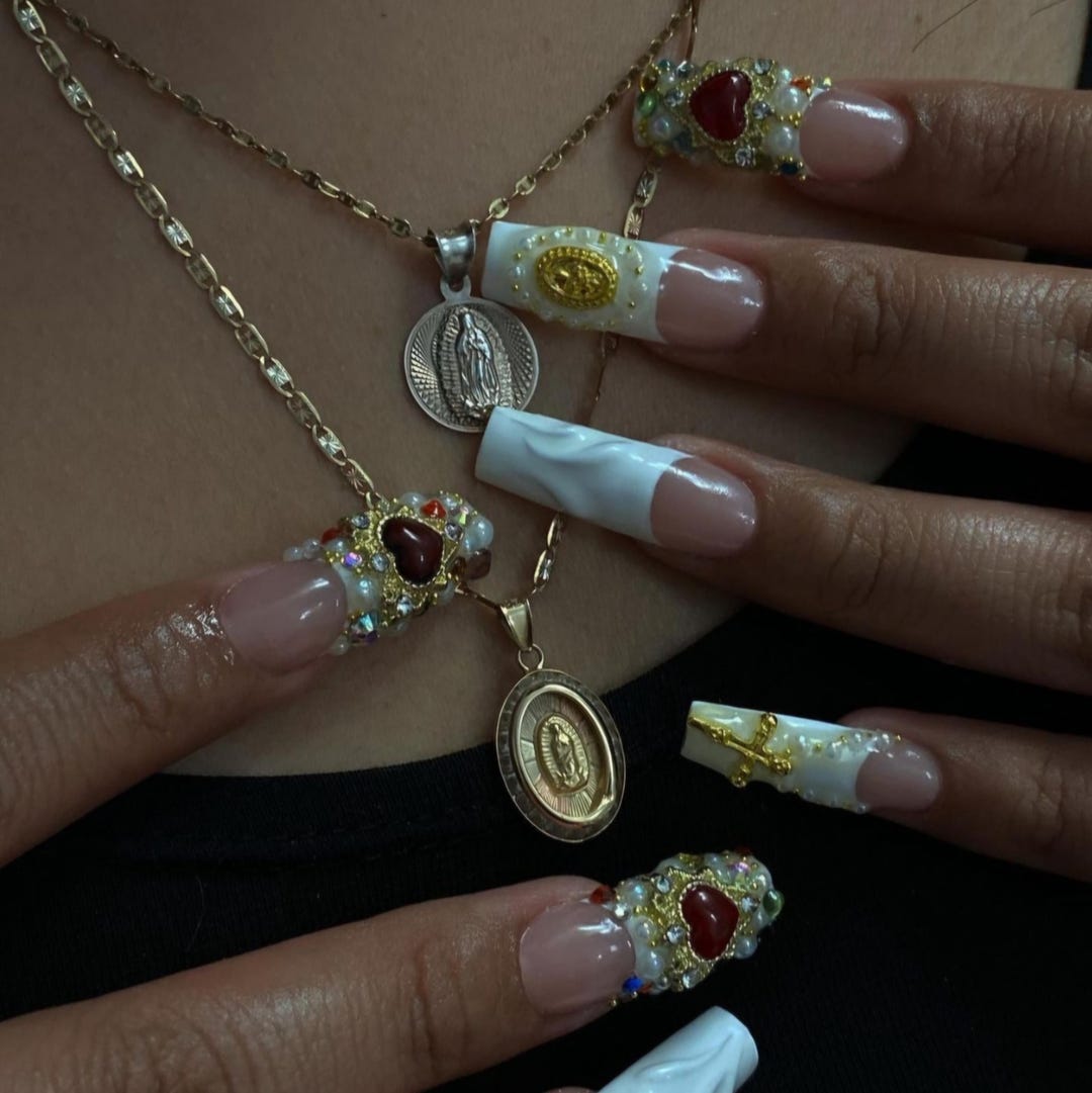 Luxury Custom Nails/free Style/ Long Nails/gold Chrome Nails/white ...