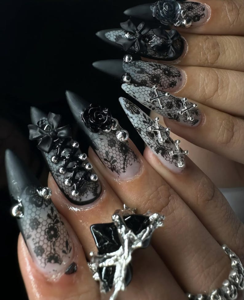 Luxury Black Lace Press on Nails: French Tip, Silver Chains - Etsy