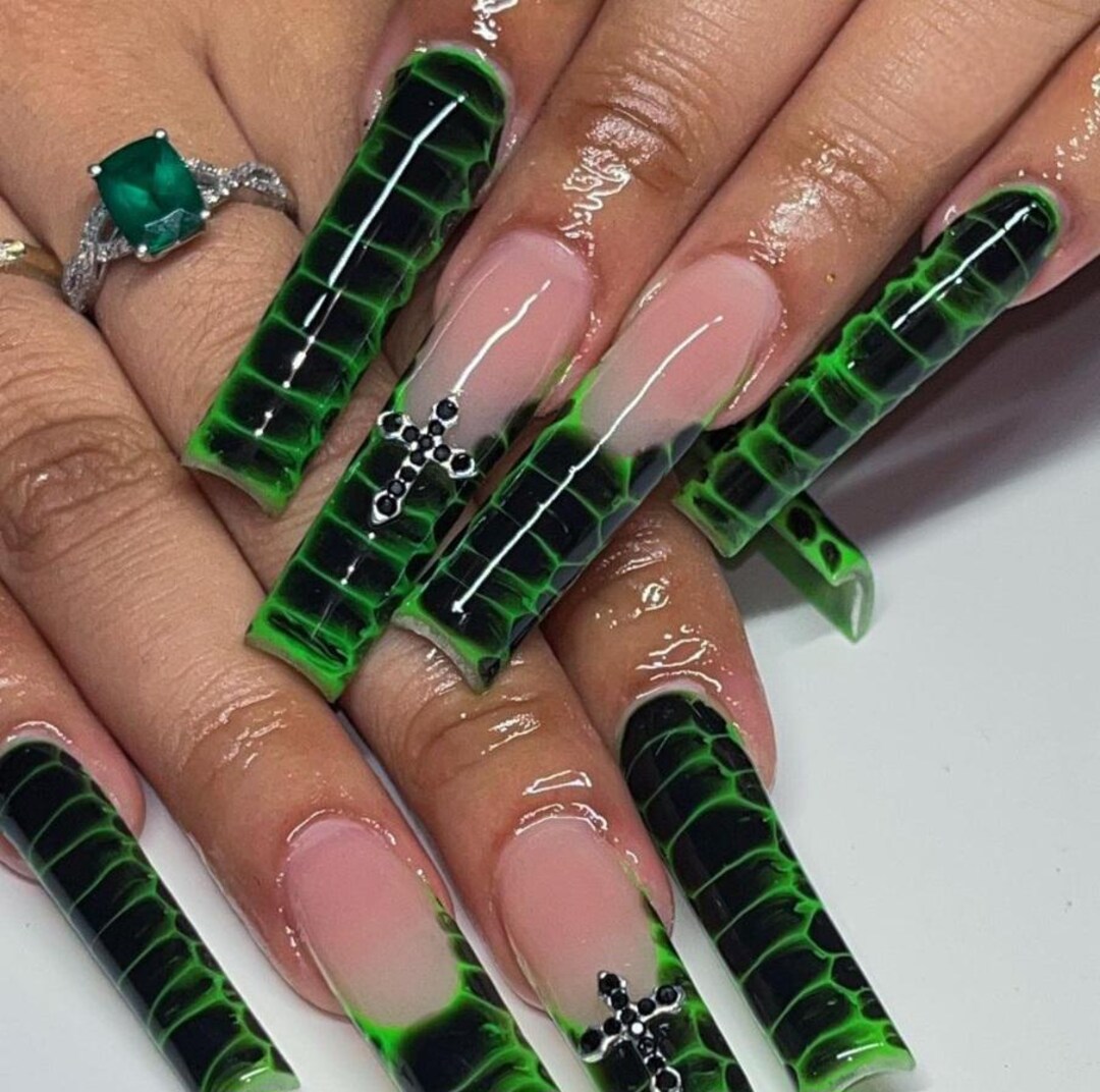 Luxury Croc Print Press on Nails: Neon Green, Black French Tip - Etsy