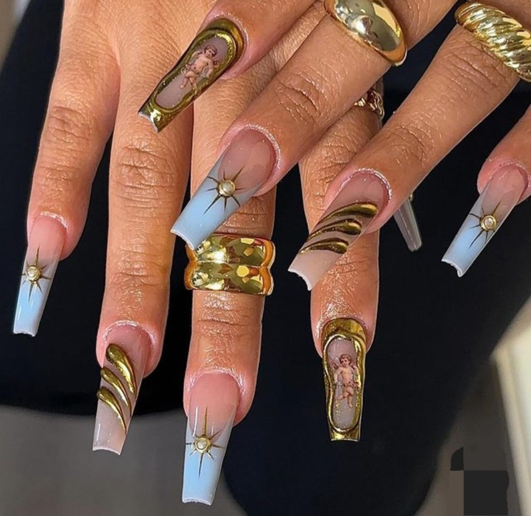 Luxury Custom Nails/ Free Style/long Nails/angel Nails/3d Gold Chrome ...