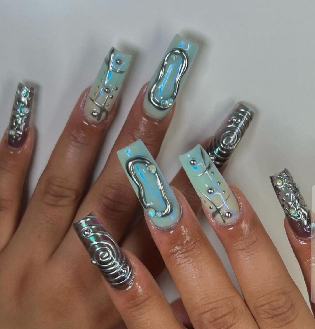 Luxury Custom Nails/ Free Style/ Long Nails/ Party Nails/ Chrome Silver ...