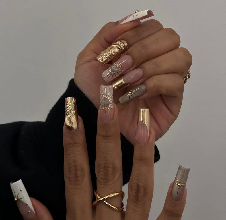 Luxury Custom Nails/free Style/ Long Nails/gold Chrome Nails/white ...