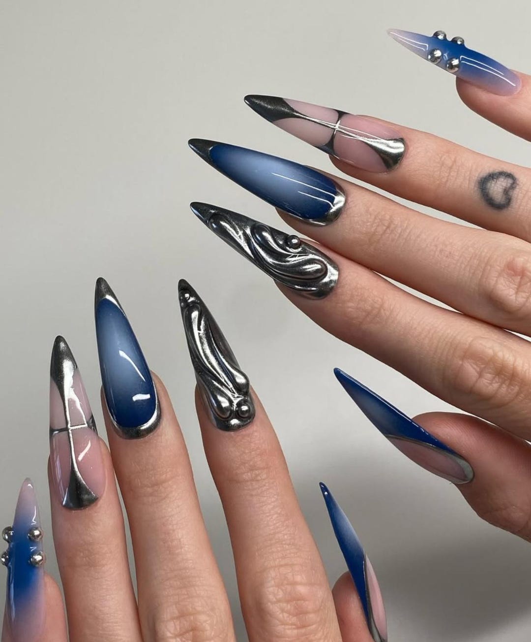Luxury Custom Nails/ Free Style/ Long Nails/ Silver Nails/ Metallic ...