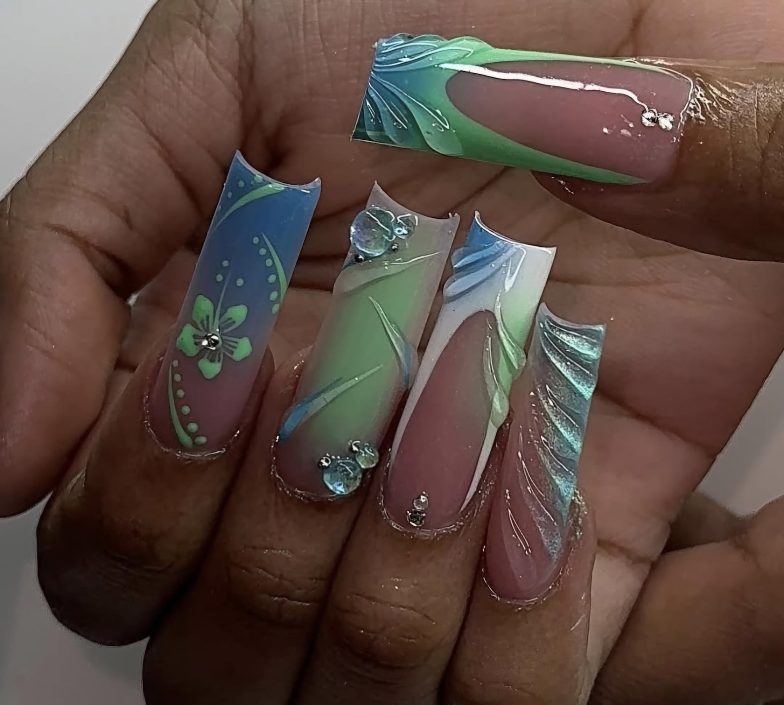 Luxury 3D Flower Press on Nails: Teal French Tip, Gold Chrome - Etsy