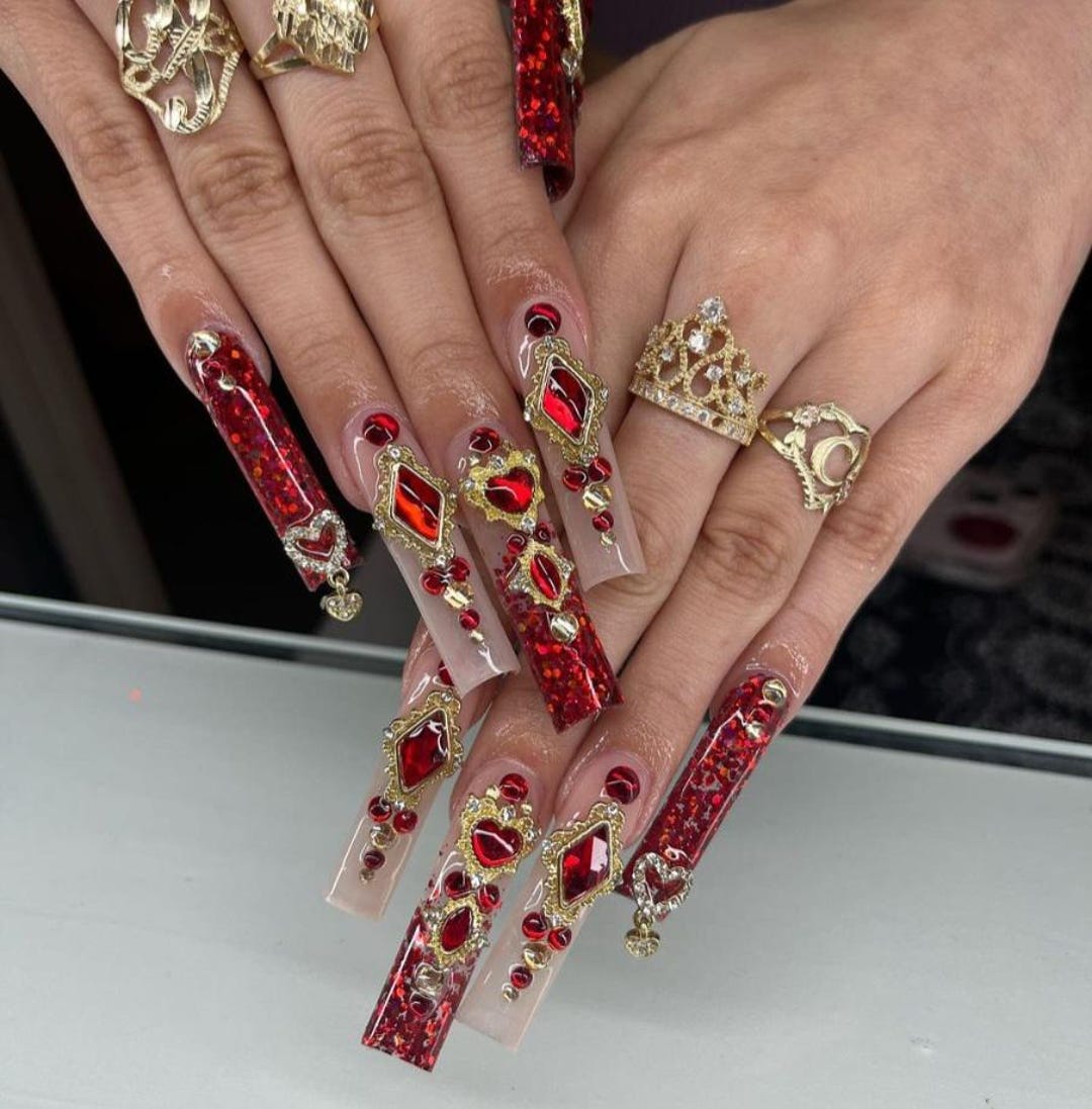 Luxury Red Bling Press on Nails: Rhinestone Party Nails - Etsy
