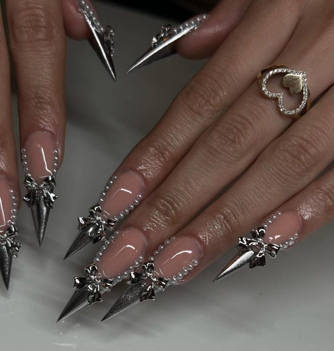 Luxury Custom Nails/ Free Style/ Long Nails/ Silver Nails/ Metallic ...