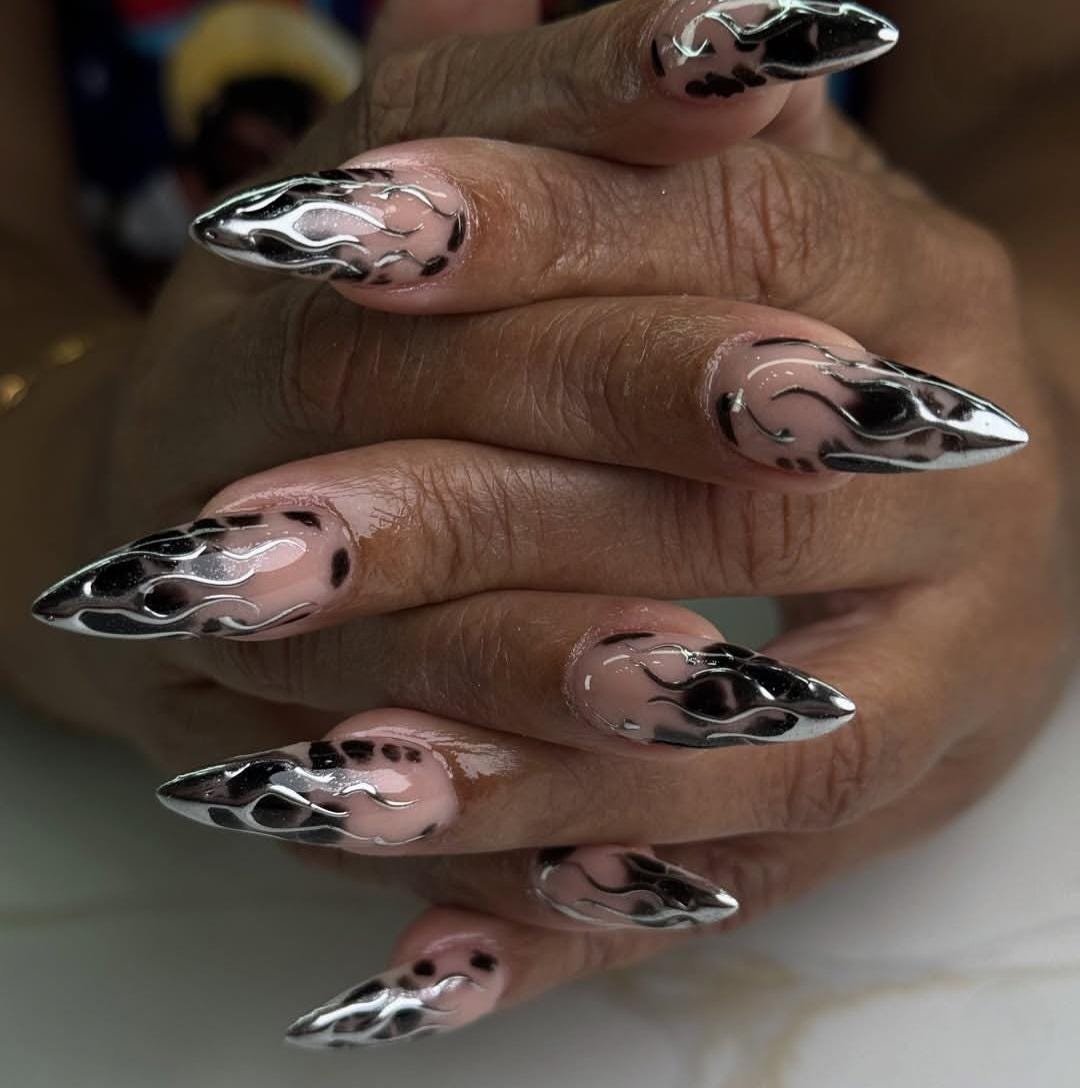 Luxury Black French Tip Press on Nails With Silver Rings - Cyber Goth ...