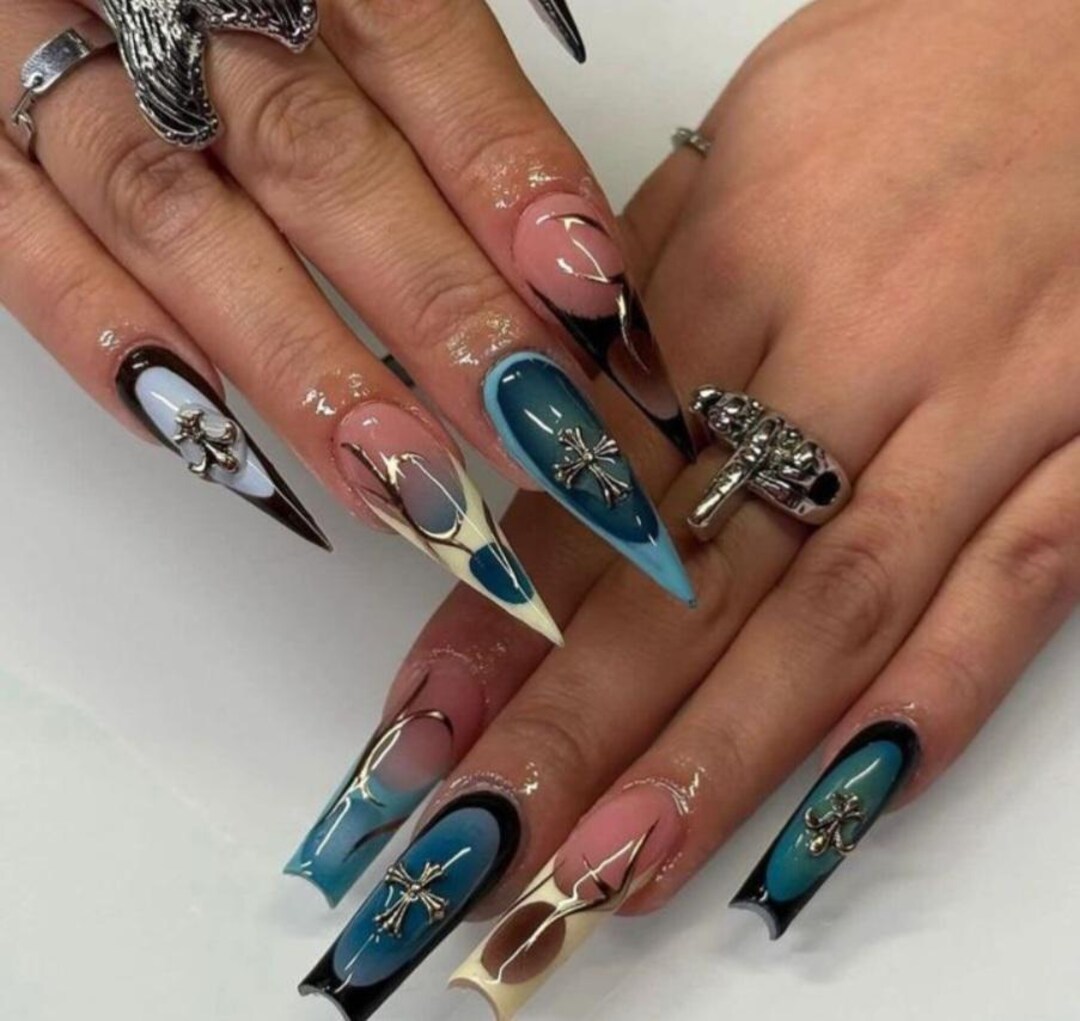 Luxury Custom Nails/ Free Style/ Long Nails/ Party Nails/ Blue Nails ...