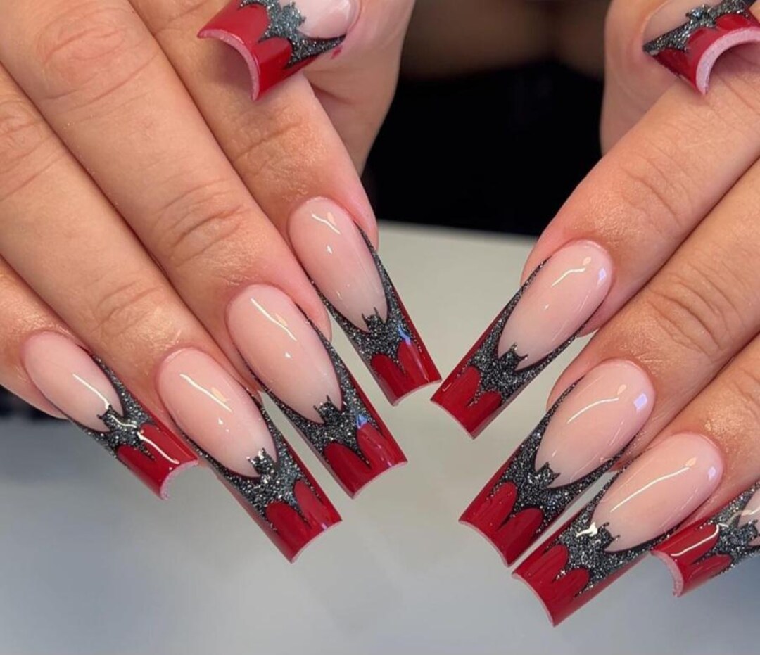 Luxury Red Bat French Tip Press on Nails: Custom Halloween Spooky Nails ...