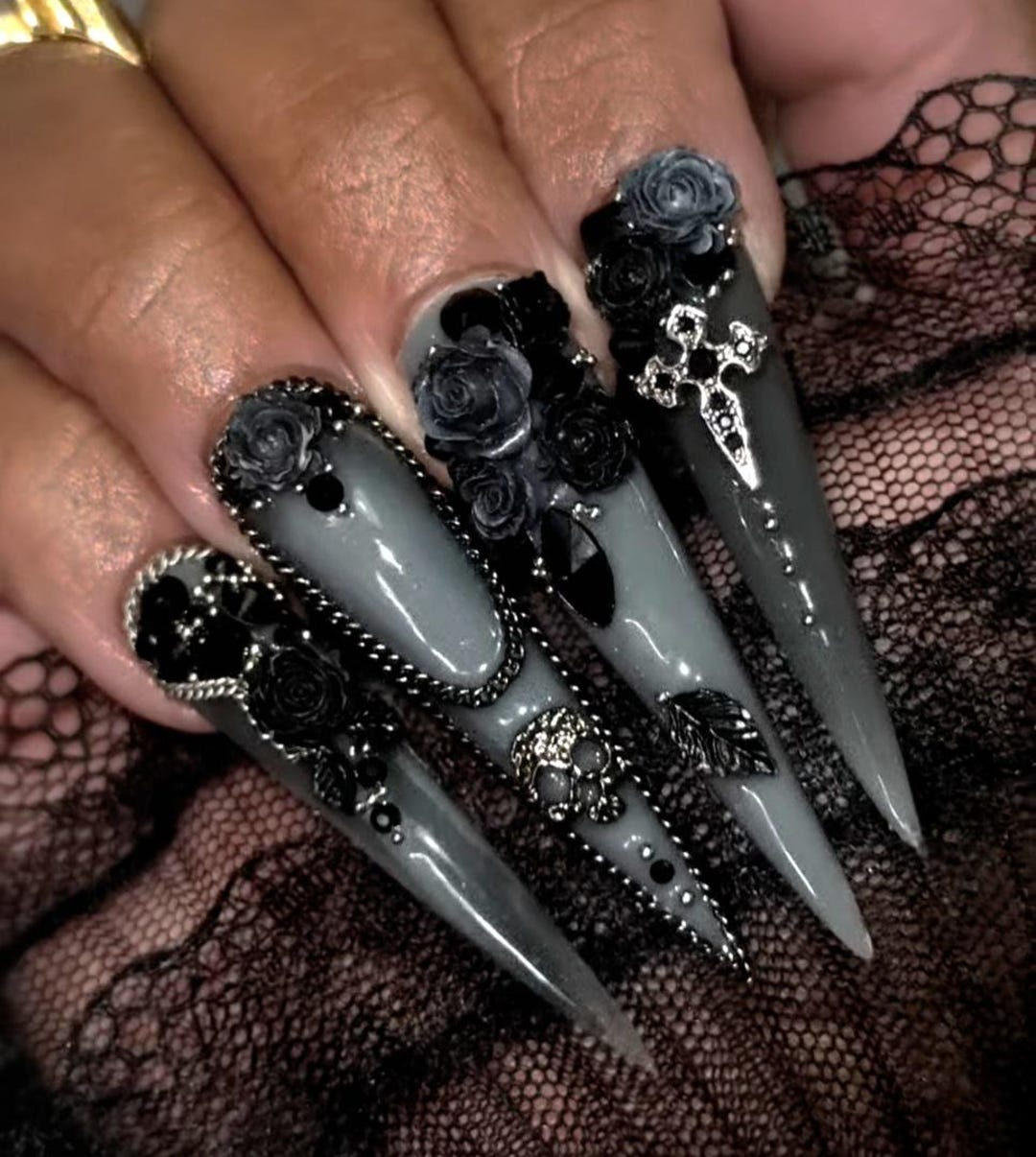 Luxury Black Lace Press on Nails: French Tip, Silver Chains - Etsy