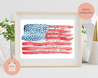 4th of July Printable, National Anthem, Watercolor Flag, Patriotic ...