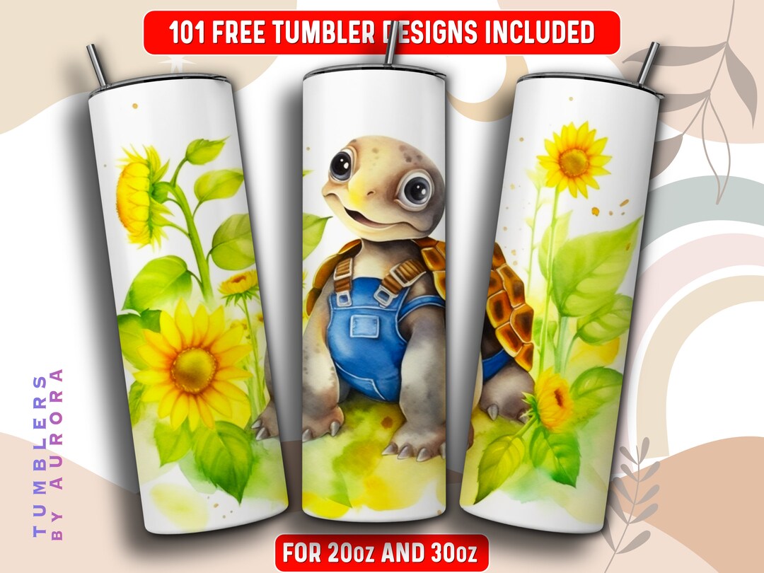 Cute Turtle Tumbler Wrap PNG, Watercolor Sunflower Animal 20 Oz Skinny ...