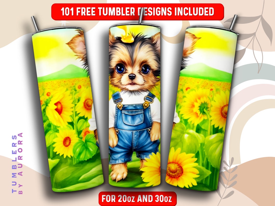 Cute Yorkie Tumbler Wrap PNG, Watercolor Sunflower Dog 20 Oz Skinny ...