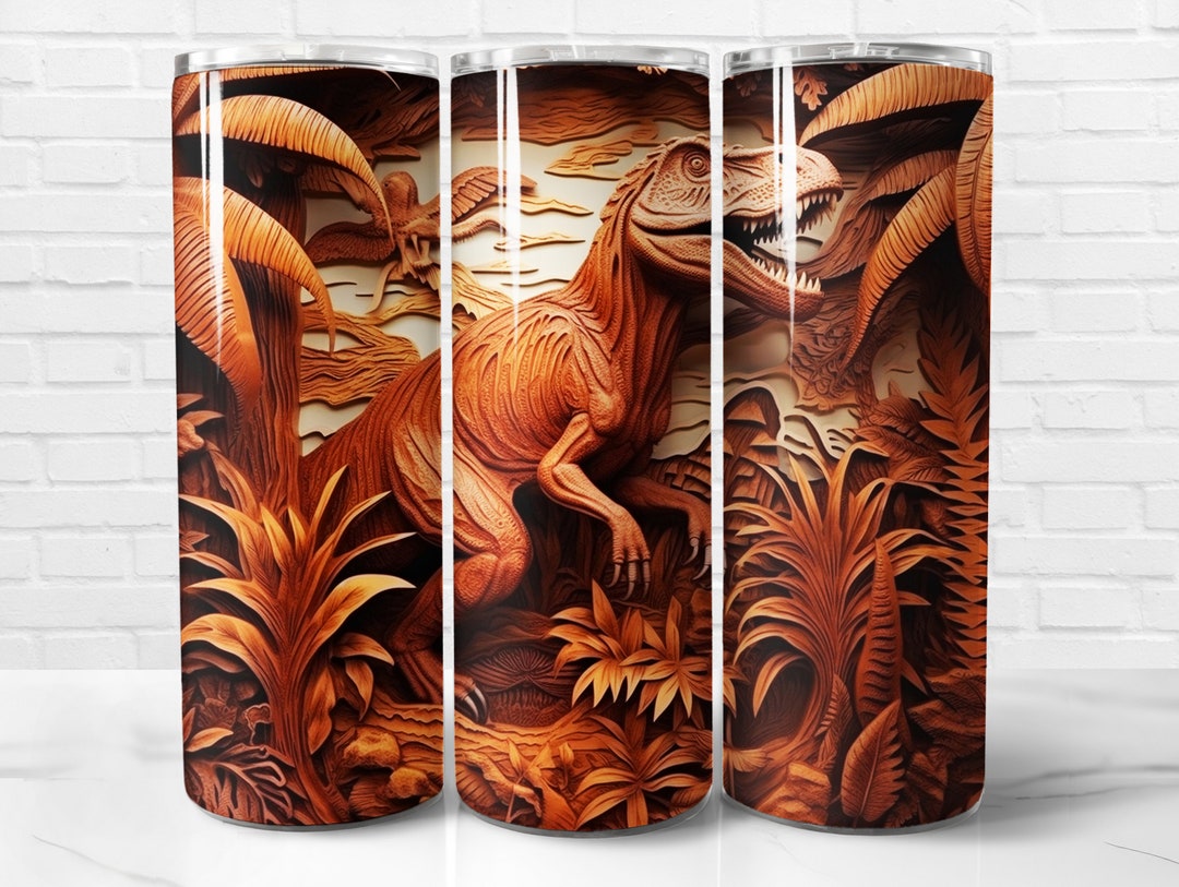 Engraved Wood 3D T-rex Tumbler Wrap PNG Design, 3D Dinosaur Sublimation ...