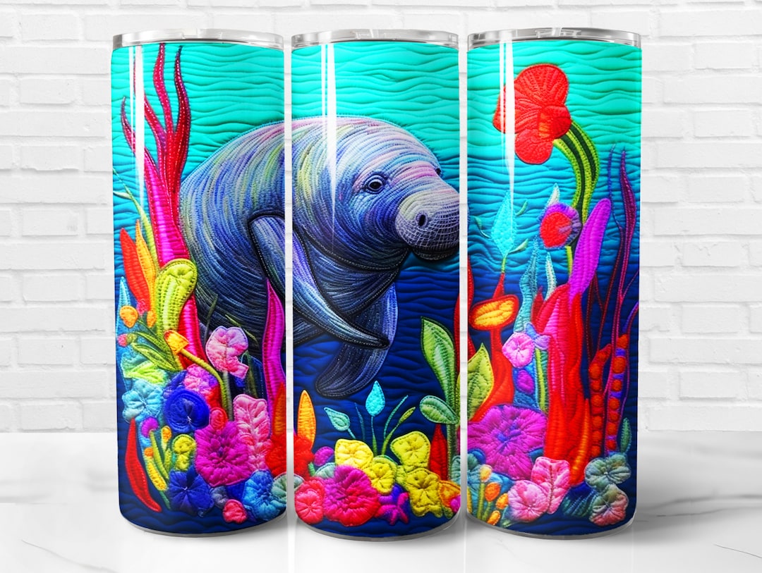 Embroidered 3D Manatee Tumbler Wrap PNG Design, 3D Manatee Sublimation ...
