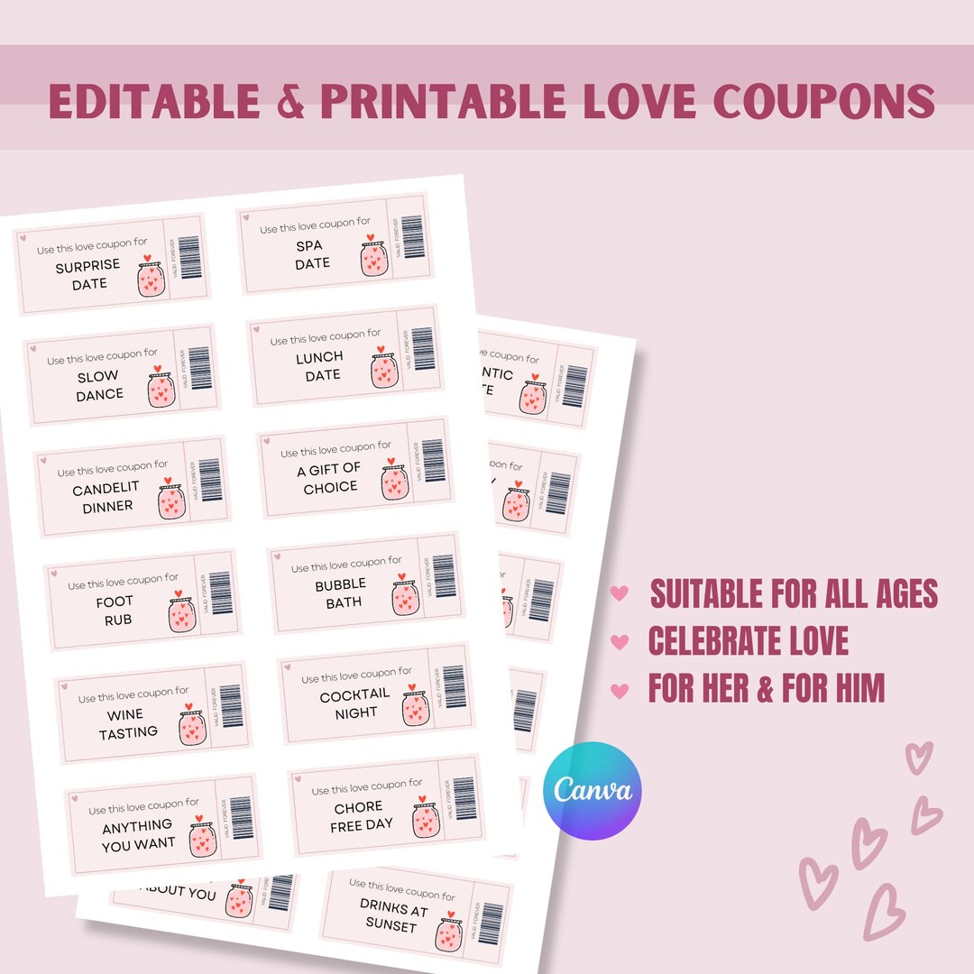 24 Editable & Printable Love Coupons for Her and Him - Etsy