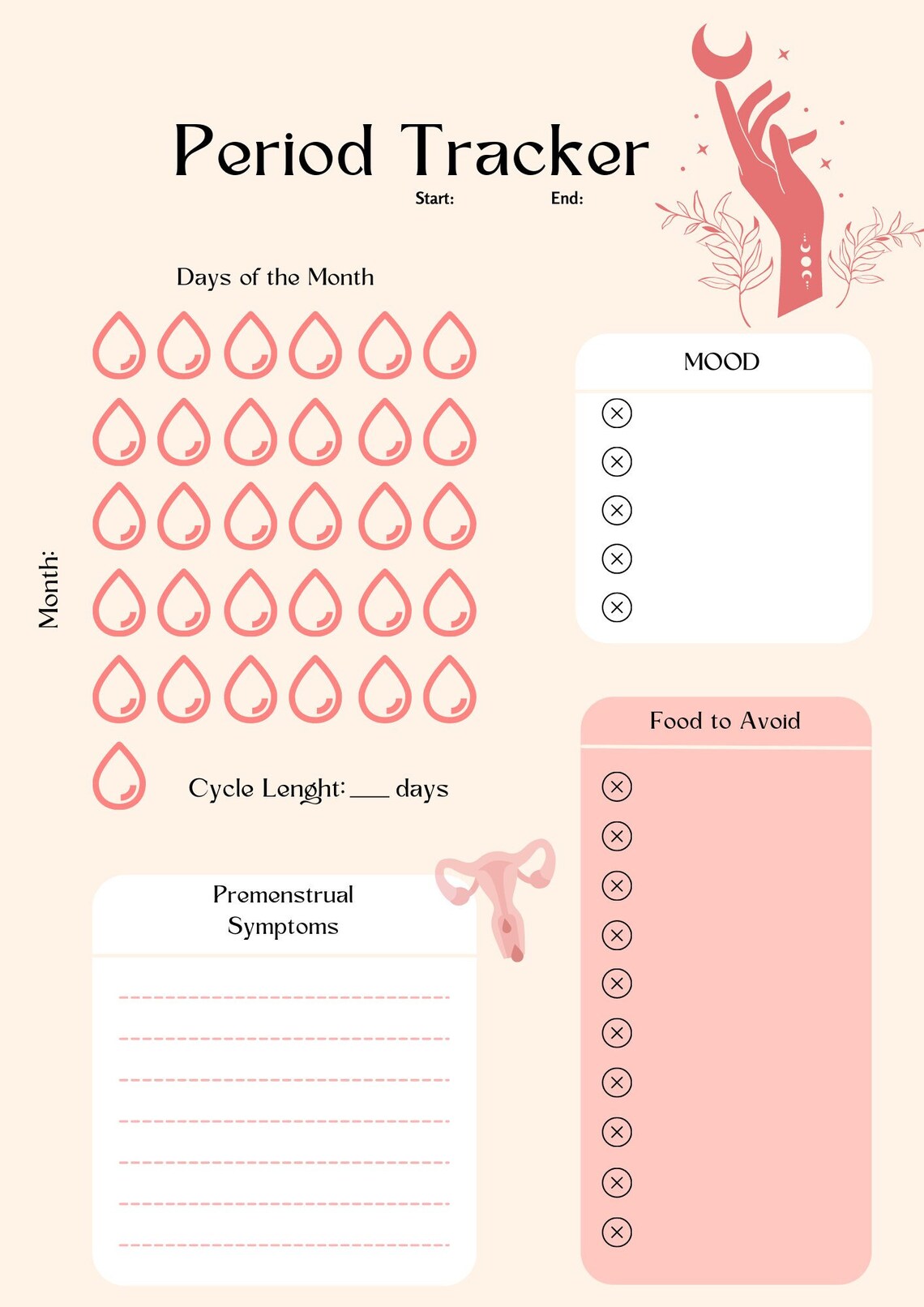 Printable Period Tracker. Log Your Premenstrual Symptoms - Etsy