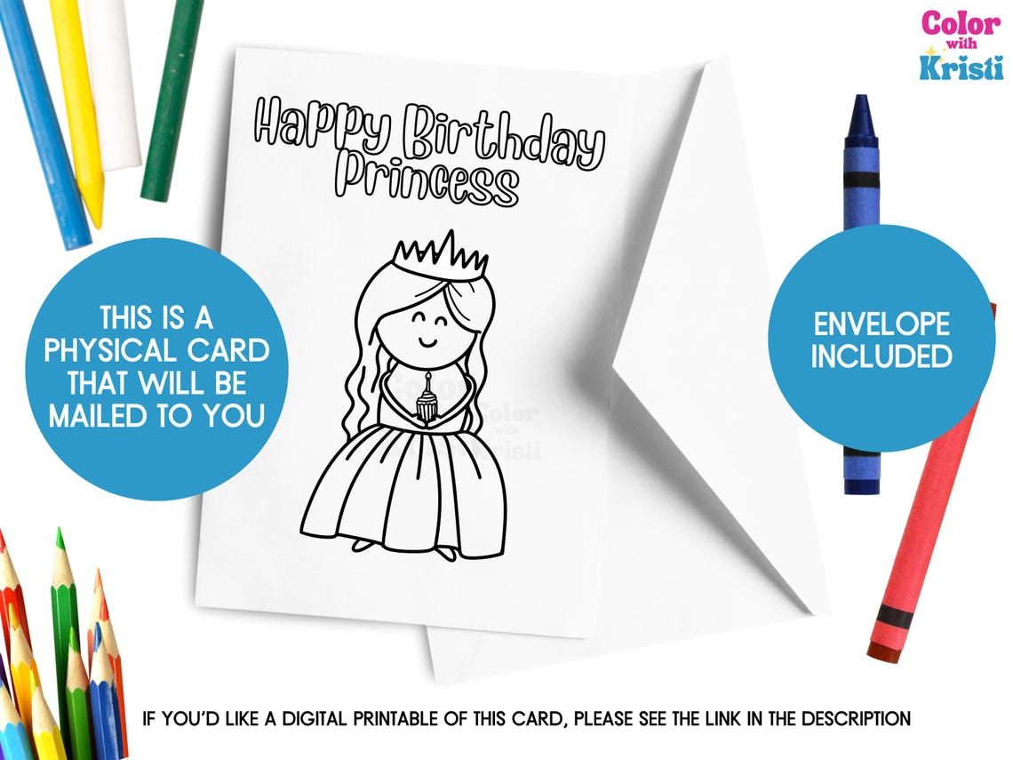 Happy Birthday Princess Coloring Card, PHYSICAL Card Mailed to You ...