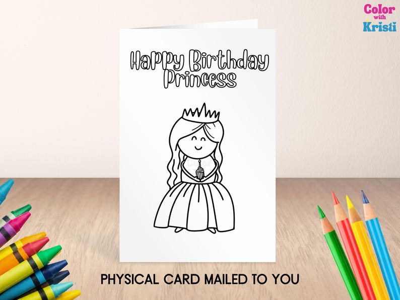 Happy Birthday Princess Coloring Card, PHYSICAL Card Mailed to You ...