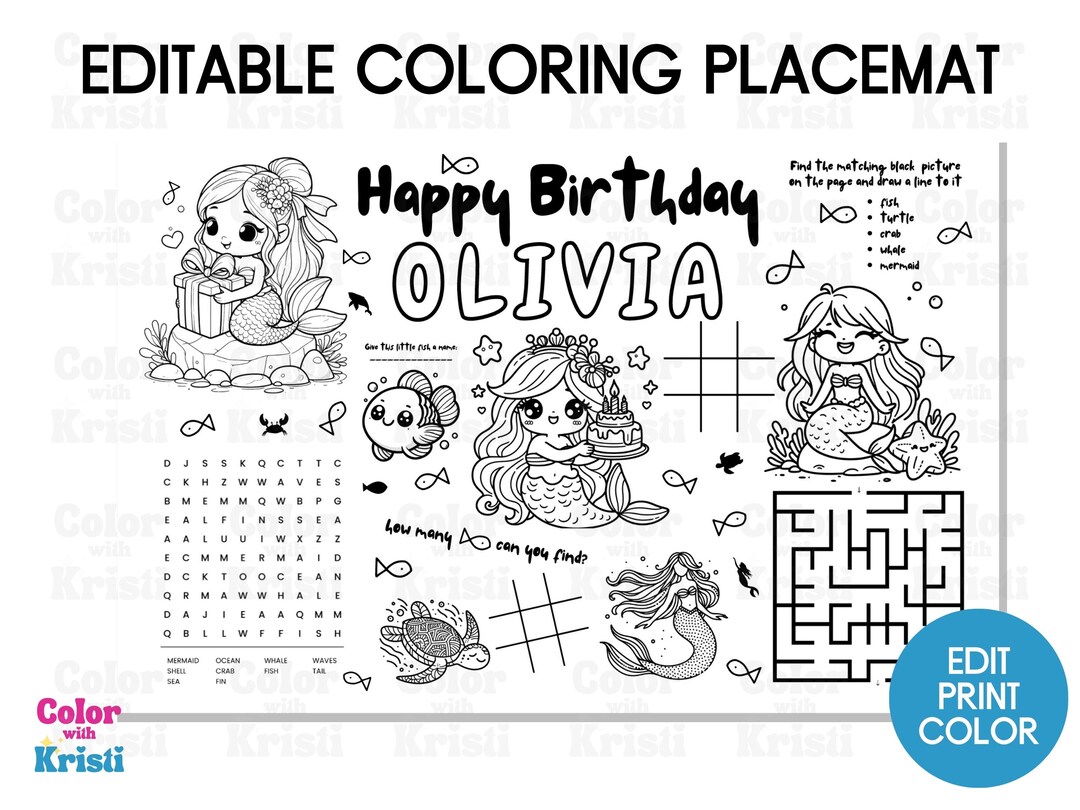 Mermaid Birthday Party Coloring Placemat DIGITAL Party Activity for ...
