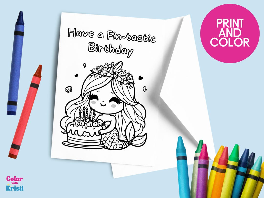 Mermaid Have a Fintastic Birthday Coloring Card PRINTABLE, Cute Happy ...