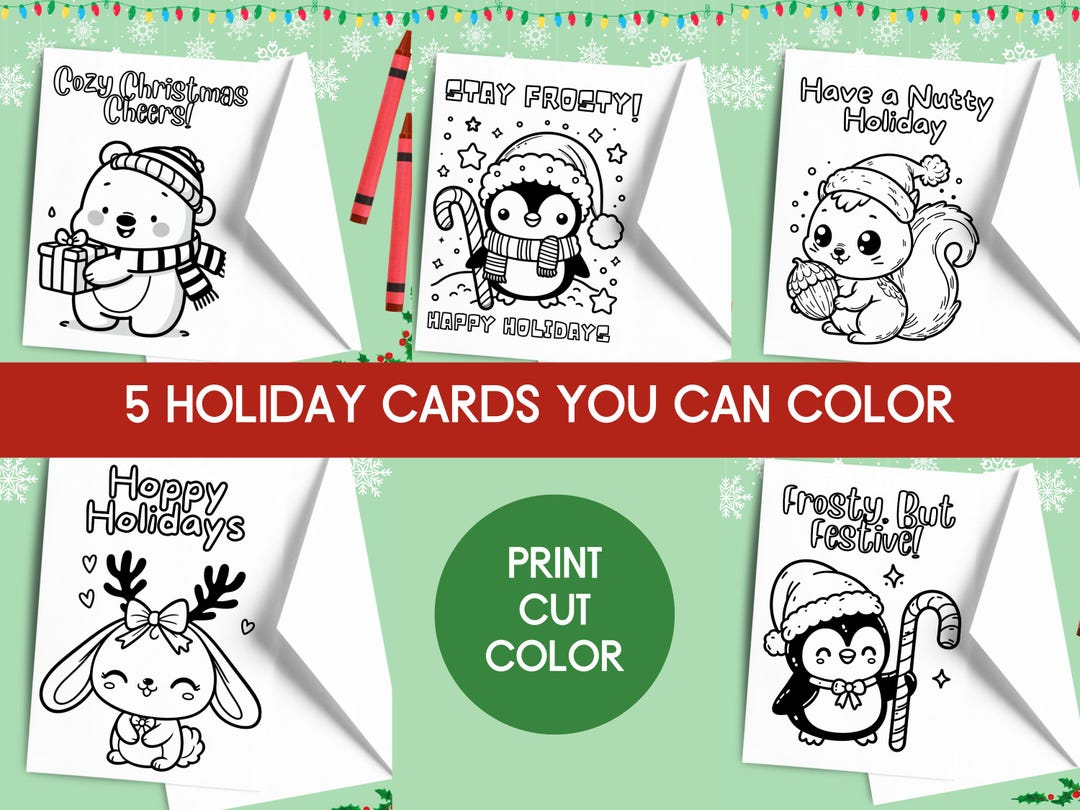 5 Cute Holiday Coloring Cards PRINTABLE, Non Denominational Xmas Animal ...