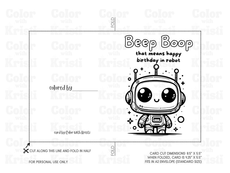 Robot Beep Boop Funny Happy Birthday Coloring Card PRINTABLE, Cute ...