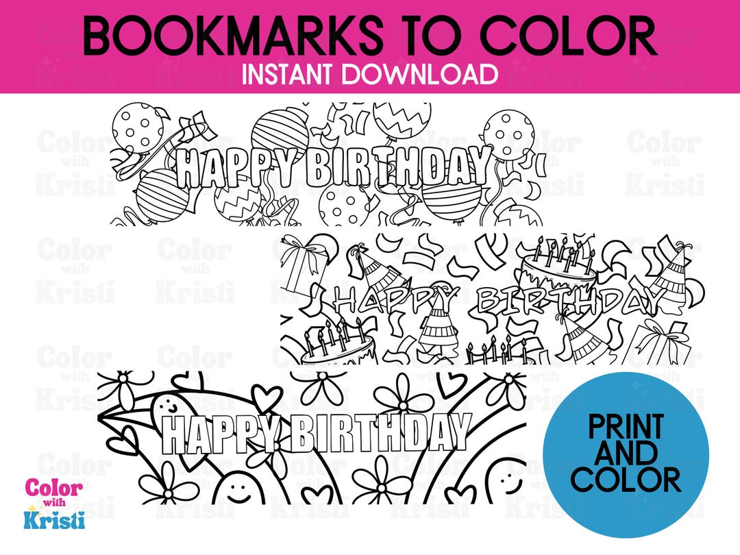 Happy Birthday Coloring Bookmark Digital Printable, Party Activity ...