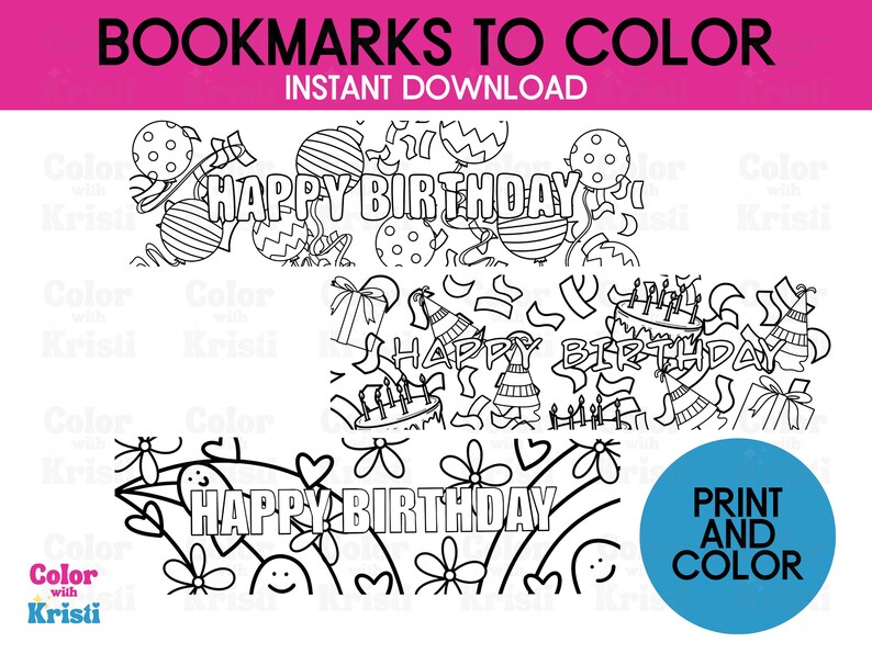 Happy Birthday Coloring Bookmark Digital Printable, Party Activity ...