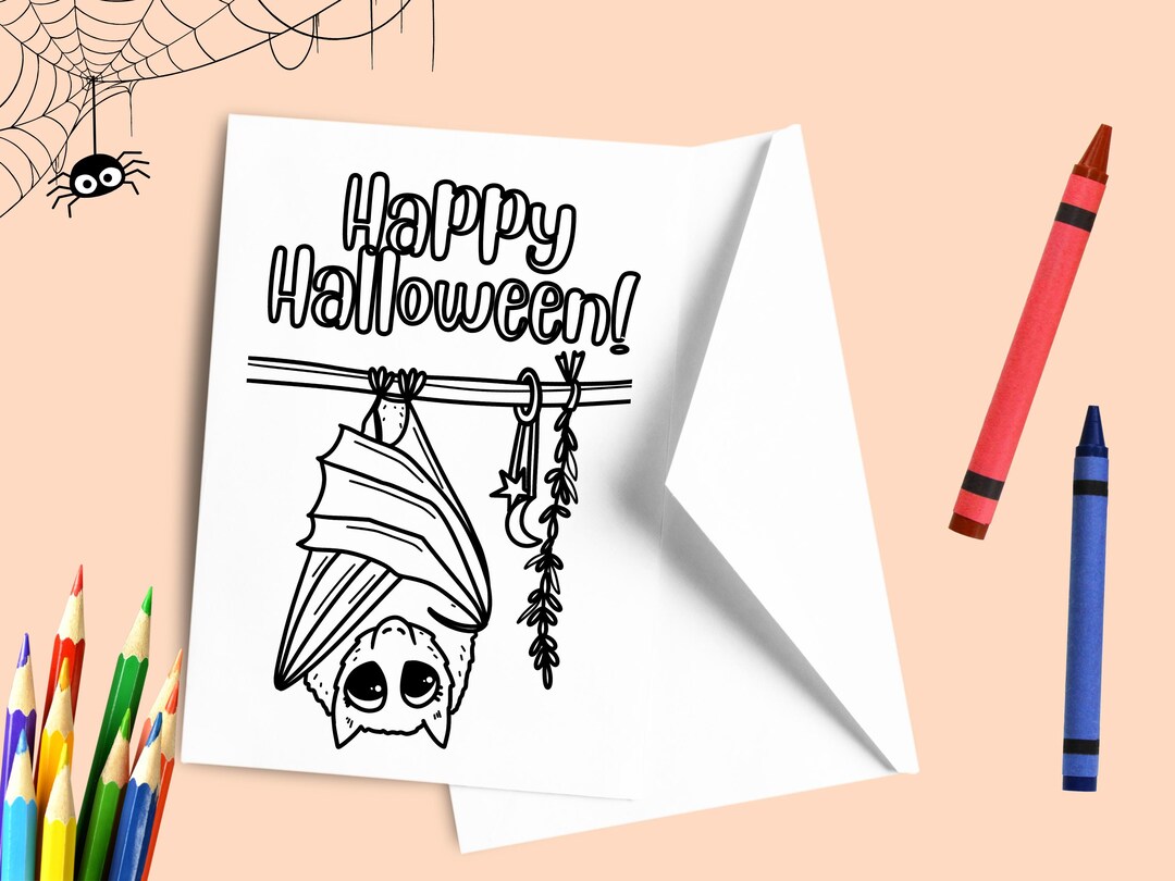 Hanging Bat Happy Halloween Coloring Card PRINTABLE, Spooky Season ...