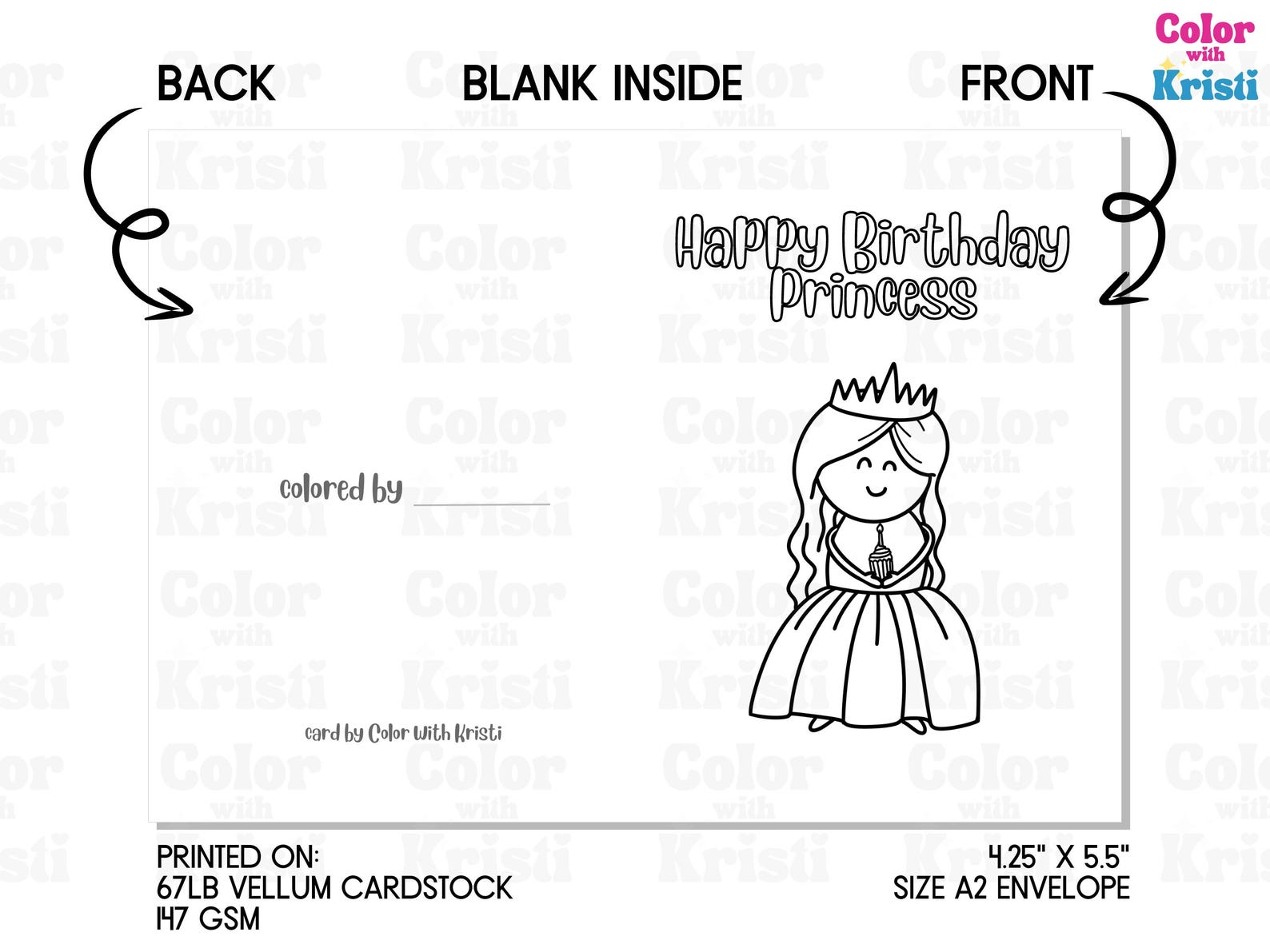 Happy Birthday Princess Coloring Card, PHYSICAL Card Mailed to You ...