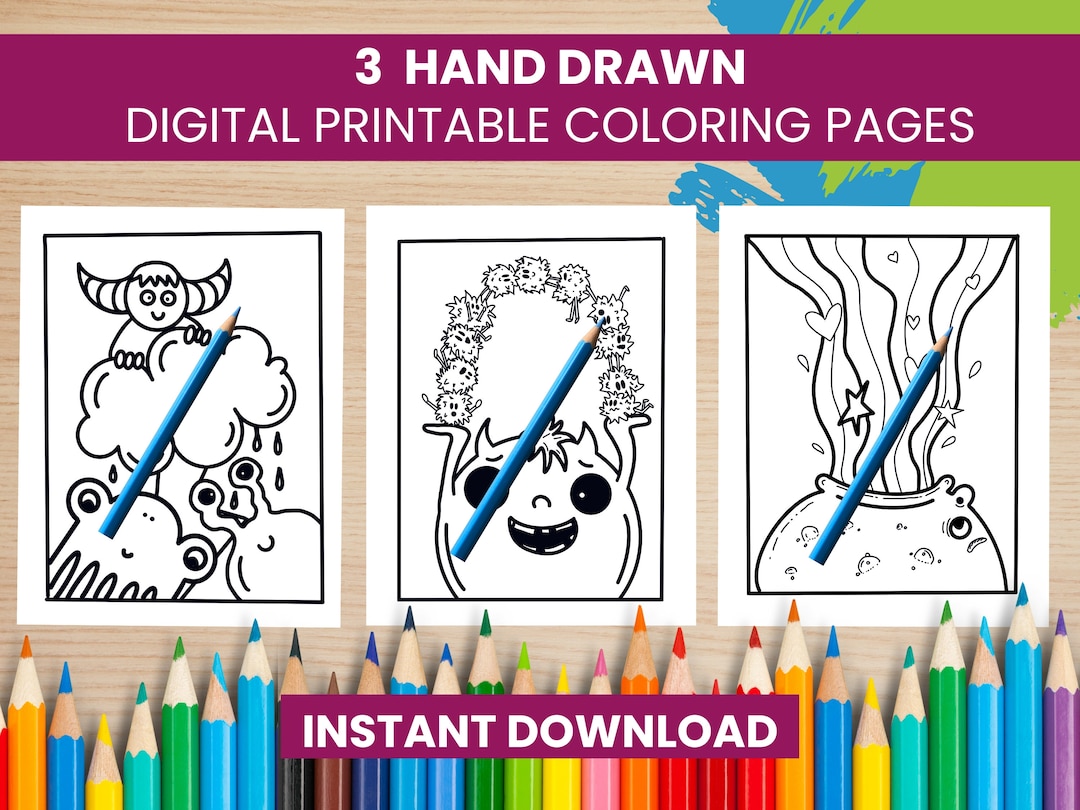 Printable Cute Monsters Adult Coloring Pages 3 Digital Instant Download ...